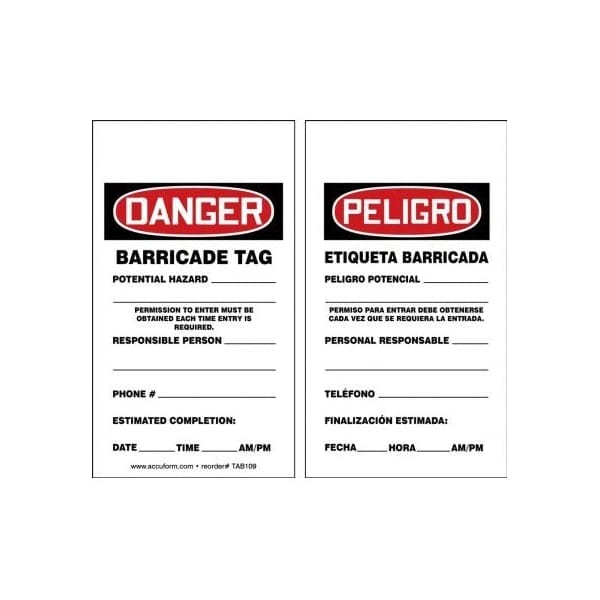 Accuform Bilingual Spanish Safety Tags, DANGER BARRICADE TAG, 5.75in x ...