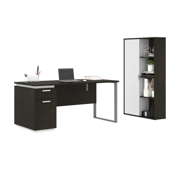 Bestar Aquarius 2-Piece Computer Desk and Bookcase, Deep Grey/White ...