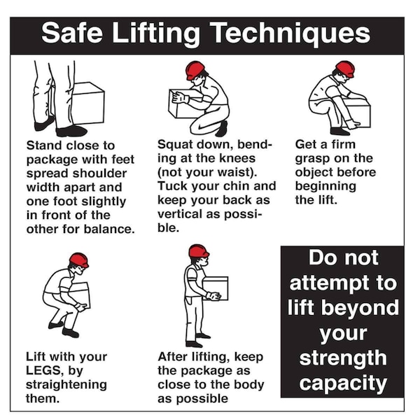Brady Safe Lifting Techniques Labels, 6in H x 6in W, Black/Red on White ...
