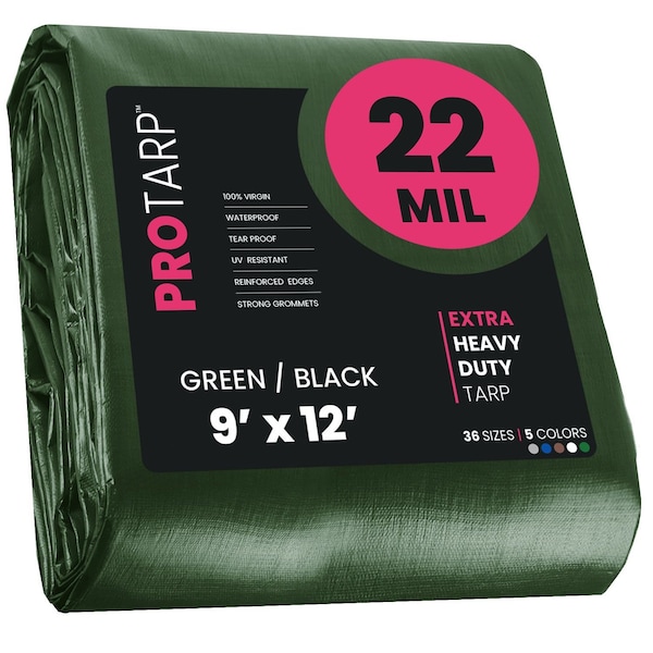 Protarp Heavy Duty Tarp, 9 ft x 12 ft, 22 Mil, Green/Black ...