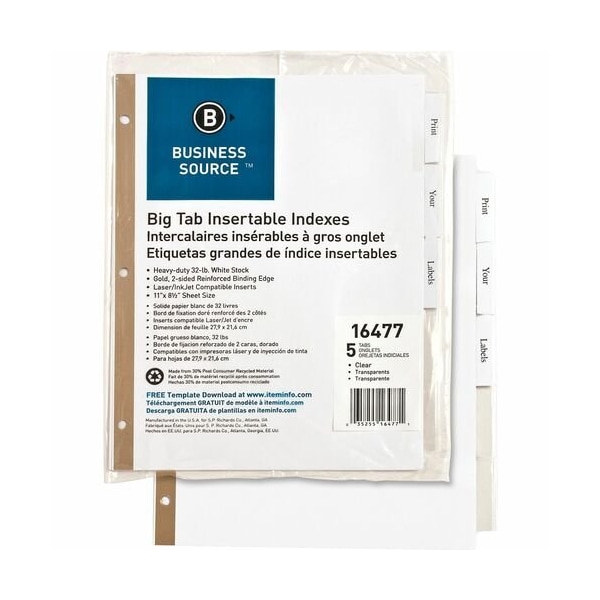 Bsn INDEX DIVIDERS, 5-TAB, 11X8-1/2in BSN16477 | Zoro