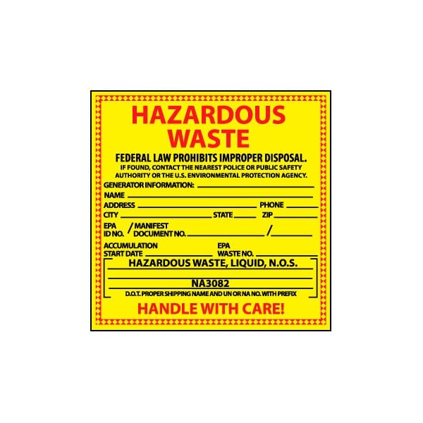 National Marker Co Hazardous Waste Vinyl Labels - For Liquids HW7L | Zoro