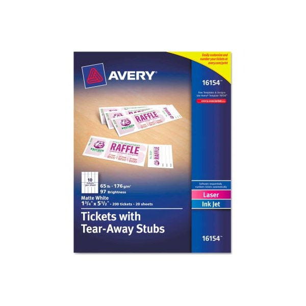 Avery Avery Printable Tickets w/Tear-Away Stubs 16154, 8-1/2" x 11 ...
