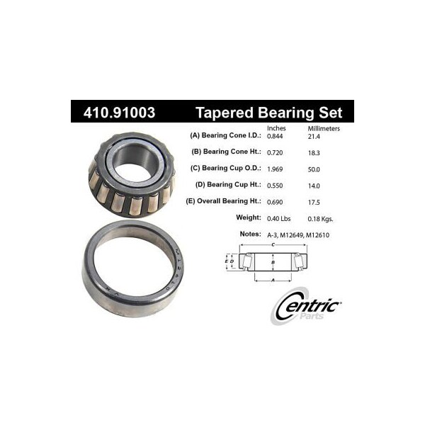 Centric Premium Wheel Bearing and Race Set, Parts 410.91003 | Zoro