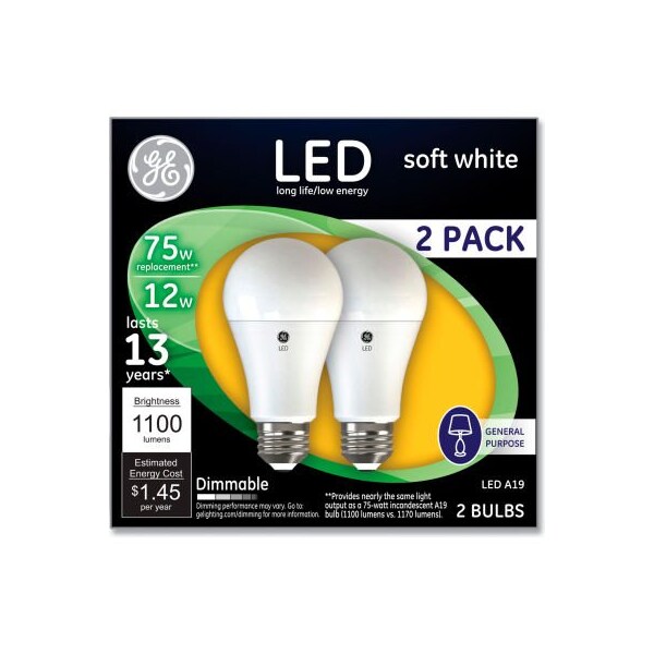 Ge 75W Led Bulbs, 12 W, A19 Bulb, Soft White, 2/Pack 93127324 | Zoro