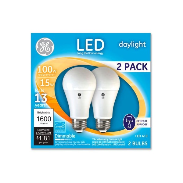 Ge 100W Led Bulbs, 15 W, A19, Daylight, 2/Pack 93127672 | Zoro