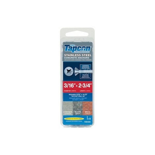 Itw Tapcon Concrete Screw, Flat, Stainless Steel 26165 | Zoro