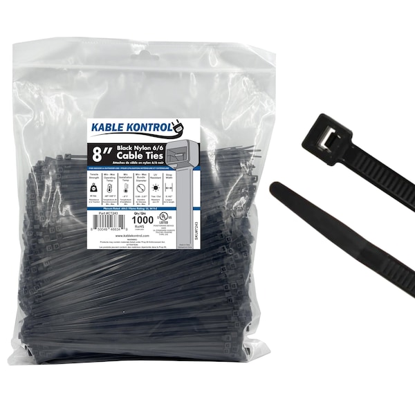 Kable Kontrol Cable Tie, 8 in L, 2.16 in Max Bundle Dia., Black, Nylon ...