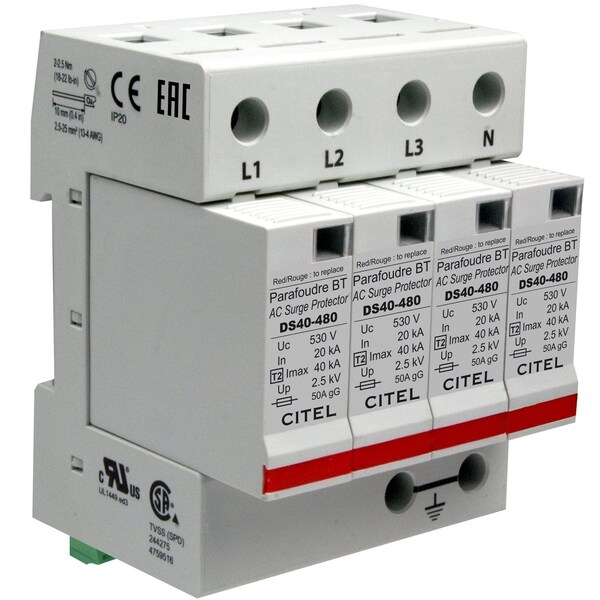Citel Surge Protection Device, 3 Phase, 277/480V, 4 Wires DS44S-480 | Zoro