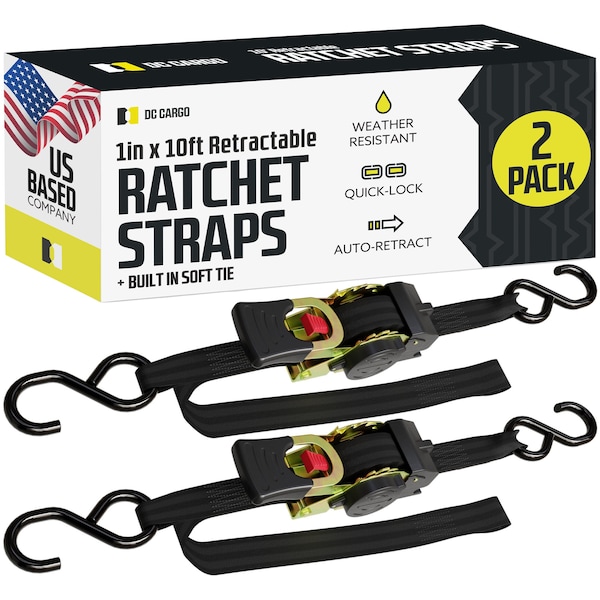 Dc Cargo 1in X 10 Retractable Ratchet Straps w/ Integrated Soft Loops ...