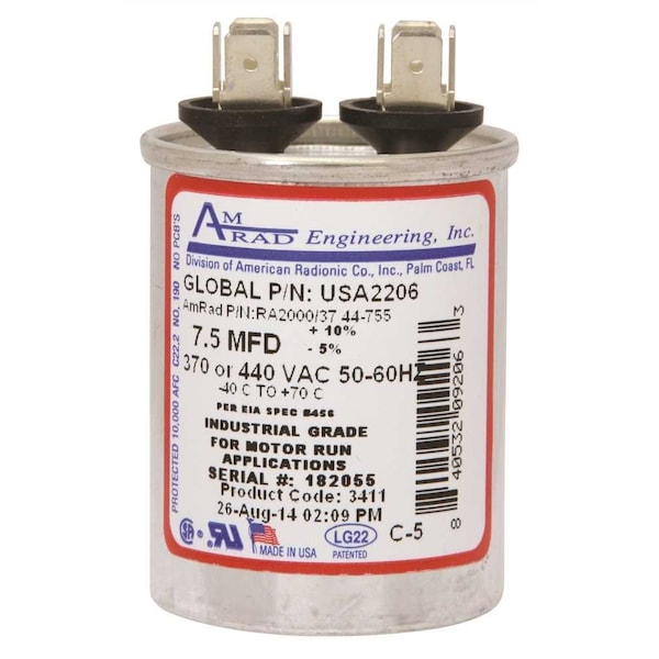 Amrad Engineering ROUND MOTOR RUN CAPACITOR, 7.5 MFD, 370/440 VAC ...