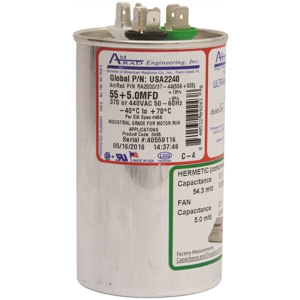 Amrad Engineering ROUND USA-MADE MOTOR RUN CAPACITOR, 55/5 MFD, 370/440 ...