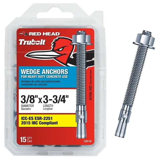 Red Head Wedge Anchor, 3/8" Dia., 3-3/4" L, Steel Zinc Plated, 15 PK ...