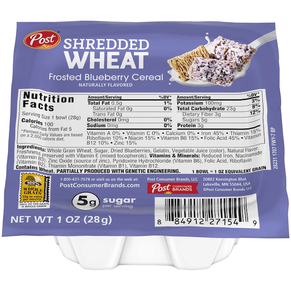 Post Post Blueberry Shredded Wheat Cereal 1 oz. Bowl, PK96 27154 | Zoro