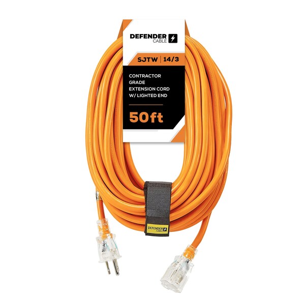 Defender Cable 14/3 Gauge, 50 ft SJTW w Lighted End, Contractor Grade ...