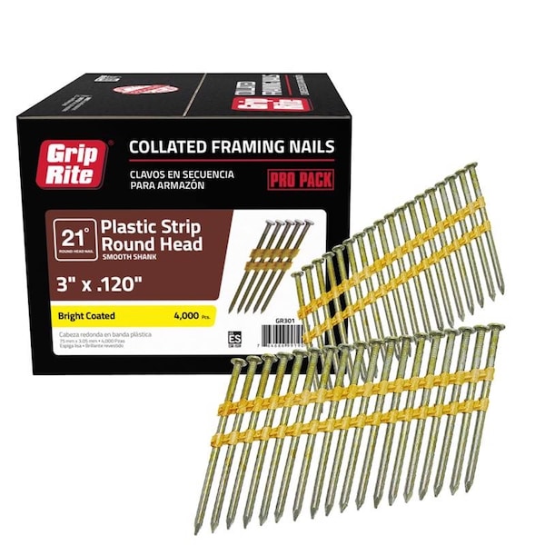 Grip-Rite Collated Framing Nail, 3 in L, 11 ga, Bright, Round Head, 21 ...
