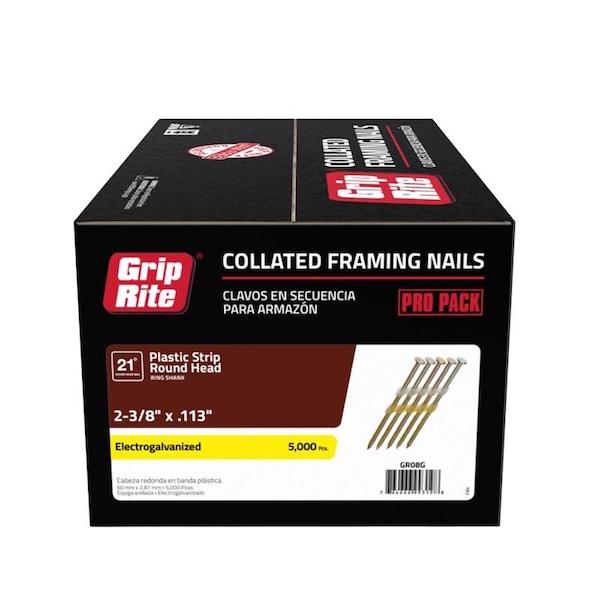 Grip-Rite Collated Framing Nail, 2-3/8 in L, 12 ga, Electro Galvanized ...