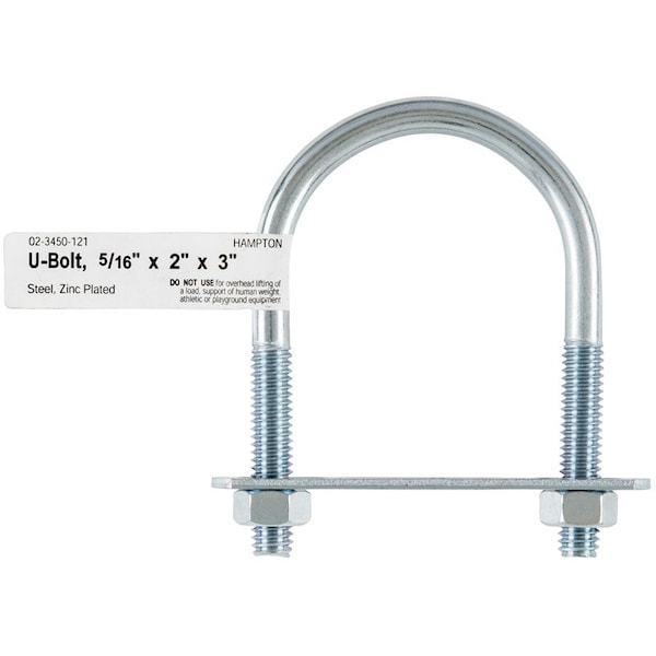 Hampton Round U-Bolt, 5/16", 2 in W, 3 in H, Zinc Plated Steel 02-3450 ...