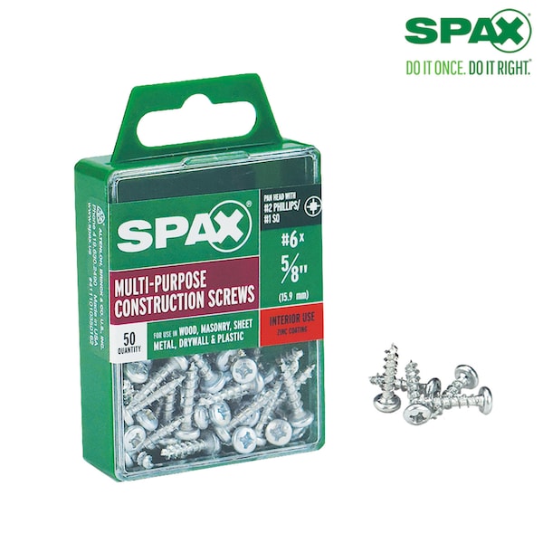 Spax Sheet Metal Screw, #6 x 5/8 in, Pan Head Square Drive ...