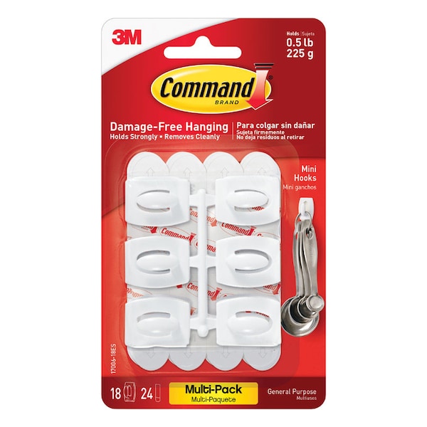 3M 3M Command Mini Plastic Hook 1.375 in. L 18 pk 17006-18ES | Zoro