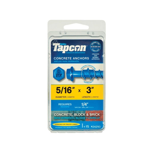 Tapcon Tapcon Concrete Screw, 5/16" Dia., Hex, 3 in L, Steel 24293 | Zoro
