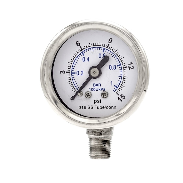 Pro 1 1/2 in Dial, 0/15 PSI & Bar, 1/8 in NPT, Lower Mount Dry/Fillable ...