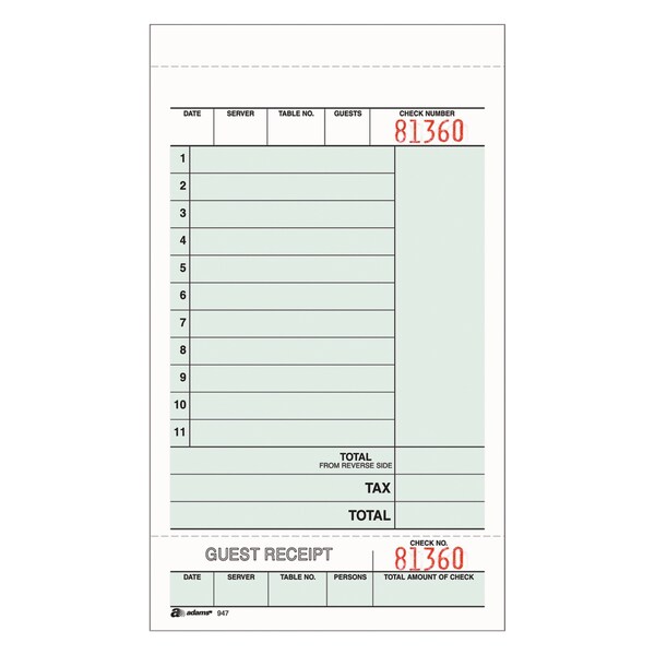 Adams Business Forms Guest Check, 2-Part, Carbonless, PK250 947SWC | Zoro