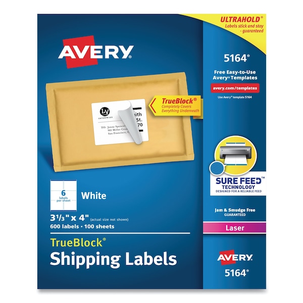 Avery Shipping Labels w/TrueBlock Tech, Laser Printers, 3.33x4, White ...