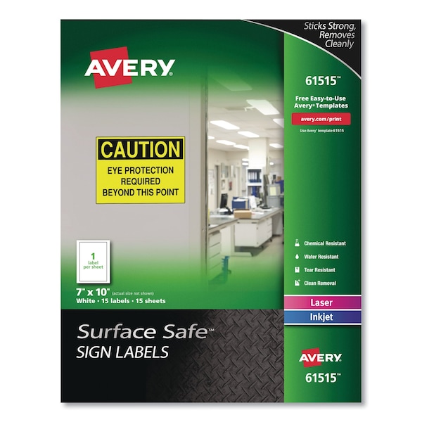 Avery Surface Safe Removable Label Safety Sign, Inkjet/Laser, 7x10, Wt ...