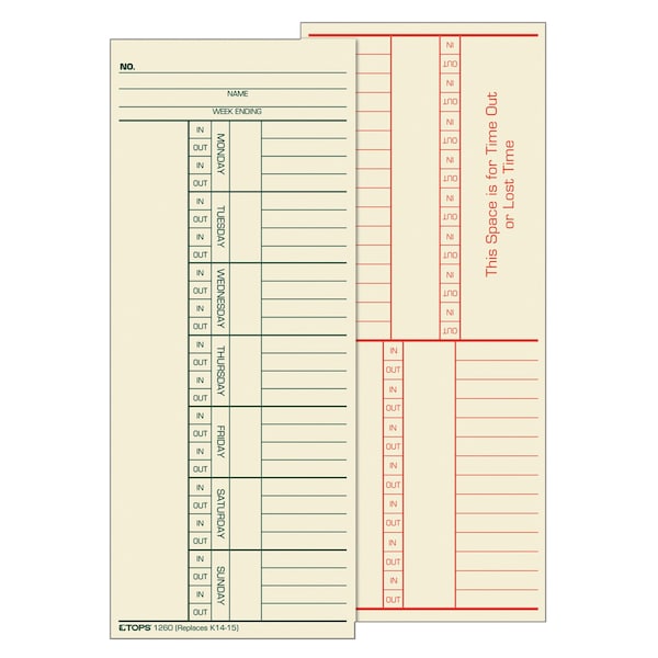 Tops Time Card, Named Days, 3 3/8x8 1/4, PK500 1260 | Zoro