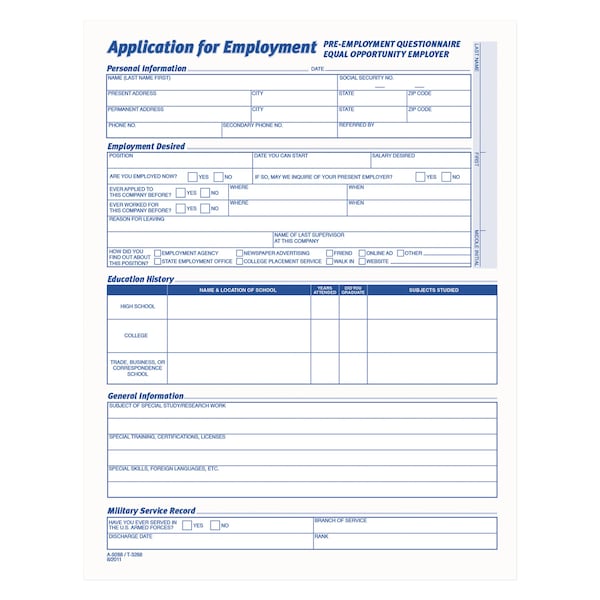 Tops Employee Application Form, PK25 3288 | Zoro