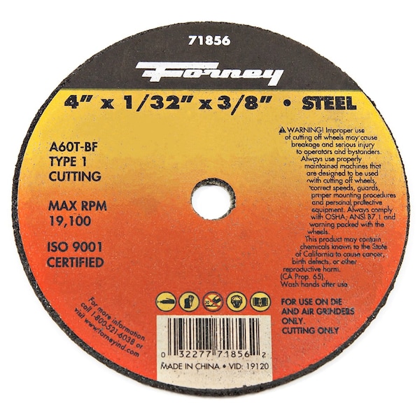 Forney Cut-Off Wheel, Metal, Type 1, 4 in x 1/32 in x 3/8 in 71856 | Zoro
