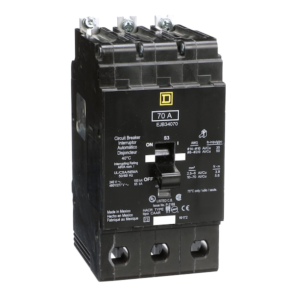 SQUARE D 70A, 3 pole Miniature Circuit Breaker, E FRAME, 277/480V AC, - EJB34070