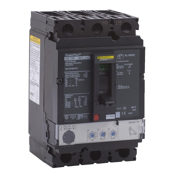 SQUARE D 150A, 3 pole Molded Case Circuit Breaker, POWERPACT H, 600V AC, - HDL36150U31X