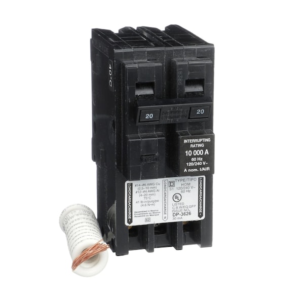 SQUARE D 20A, 2 pole Miniature Circuit Breaker, HOMELINE, 240V AC ...