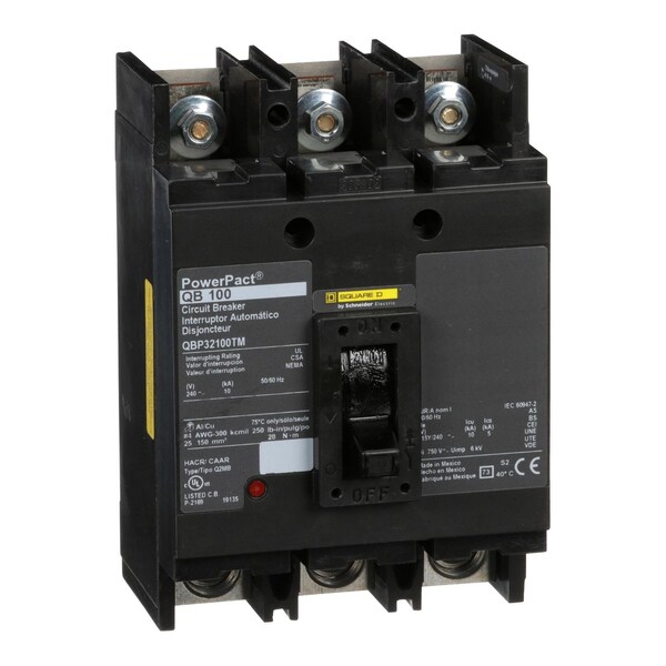 SQUARE D 100A, 3 pole Molded Case Circuit Breaker, POWERPACT Q, 240V AC, - QBP32100TM