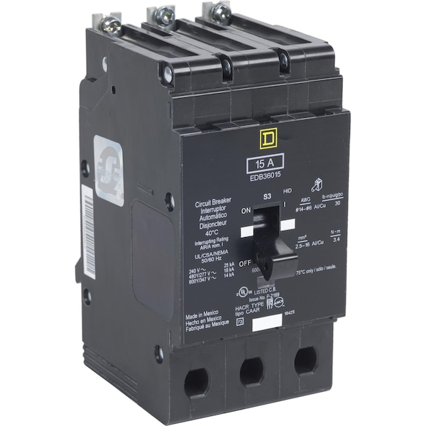 SQUARE D 15A, 3 pole Miniature Circuit Breaker, E FRAME, 600V AC, - EDB36015