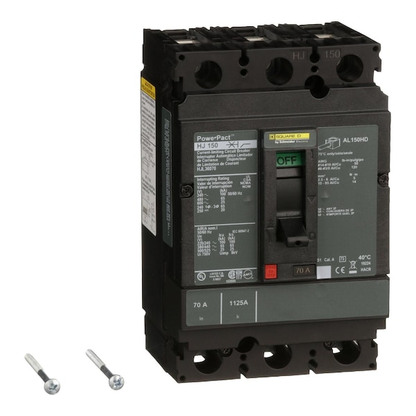 SQUARE D 70A, 3 pole Molded Case Circuit Breaker, POWERPACT H, 600V AC, - HJL36070