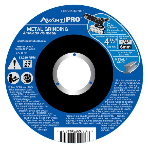 Avanti Pro AvantiPro 4-1/2x1/4x7/8 Mtl Dc Grnd 27 PBD045250701F | Zoro