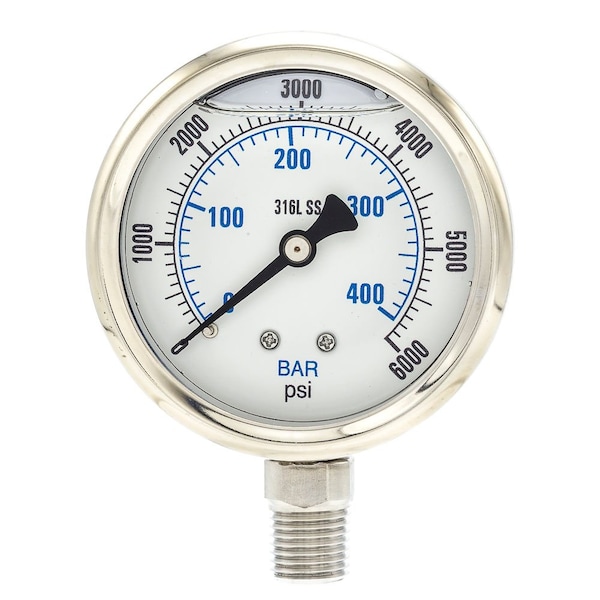 Pic Gauges Industrial Pressure Gauge, 0 to 6000 psi, 1/4 in MNPT, 2-1/2 ...