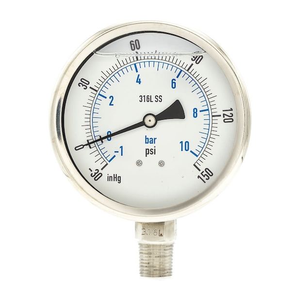 Pic Gauges Industrial Compound Gauge, 30 to 0 to 150 psi, 4 in Dial, 1/ ...
