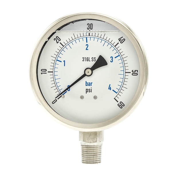 Pic Gauges Industrial Pressure Gauge, 0 to 60 psi, 4 in Dial, 1/2 in ...