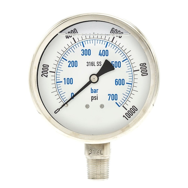 Pic Gauges Industrial Pressure Gauge, 0 to 10,000 psi, 4 in Dial, 1/2 ...