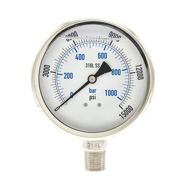 Pic Gauges Industrial Pressure Gauge, 0 to 15,000 psi, 4 in Dial, 1/2 ...