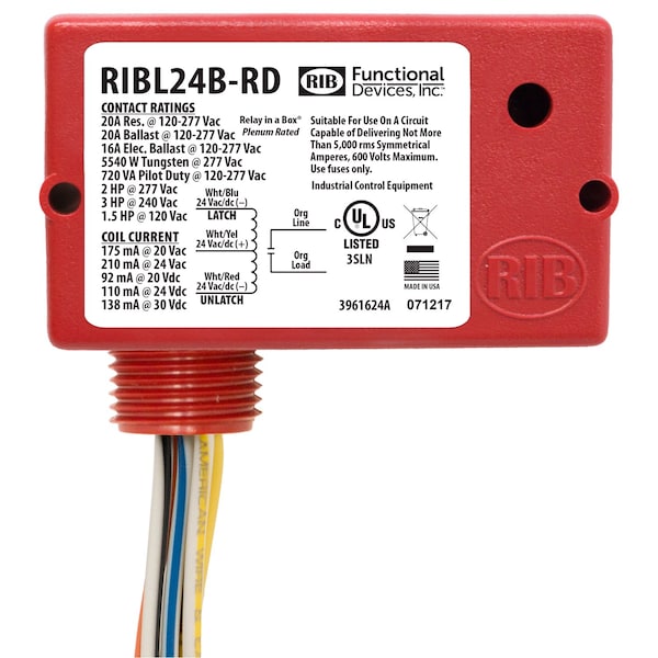 Functional Devices-Rib Latch Relay, 20A, SPST, 24VAC/DC, Red RIBL24B-RD ...