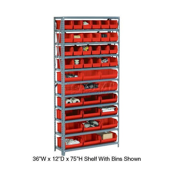 Global Industrial Steel Open Shelving with 12 Red Plastic Stacking Bins ...