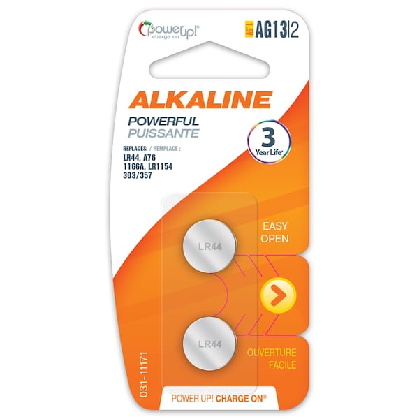 Power Up! Batteries Button Cell Alkaline AG13 1.5v, PK 2 031-11171 | Zoro