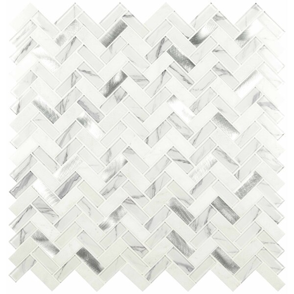 Ackland White Etherea Herringbone 12 in. x 12 in. Glossy Glass Stone ...