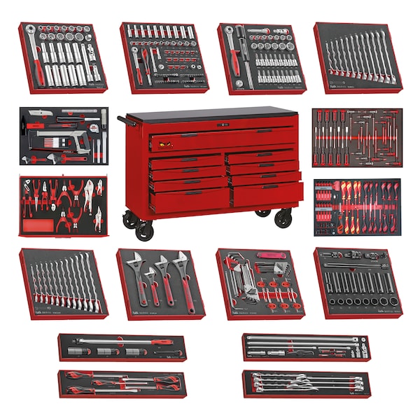 Teng Tools Mega Hand Tool Cabinet Tool Kit, 9 Drawer, Red, 53 in W ...