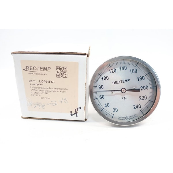 Reotemp Jj0401F53 5In 1/2In 4In 20-240F Npt Bimetal Thermometer ...